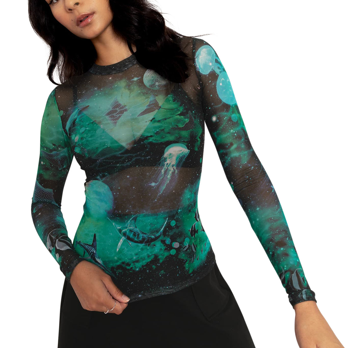 Galactic Ocean Sheer High Neck Long Sleeve Top - Limited – BlackMilk ...
