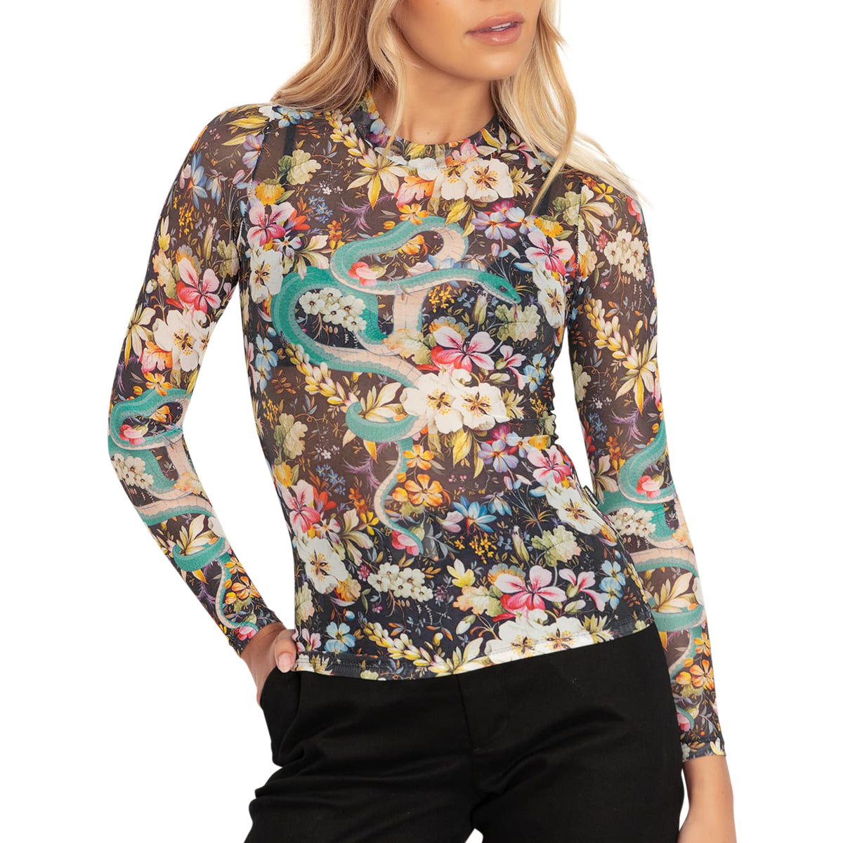 Tropical Snake Sheer High Neck Long Sleeve Top - Limited – BlackMilk ...