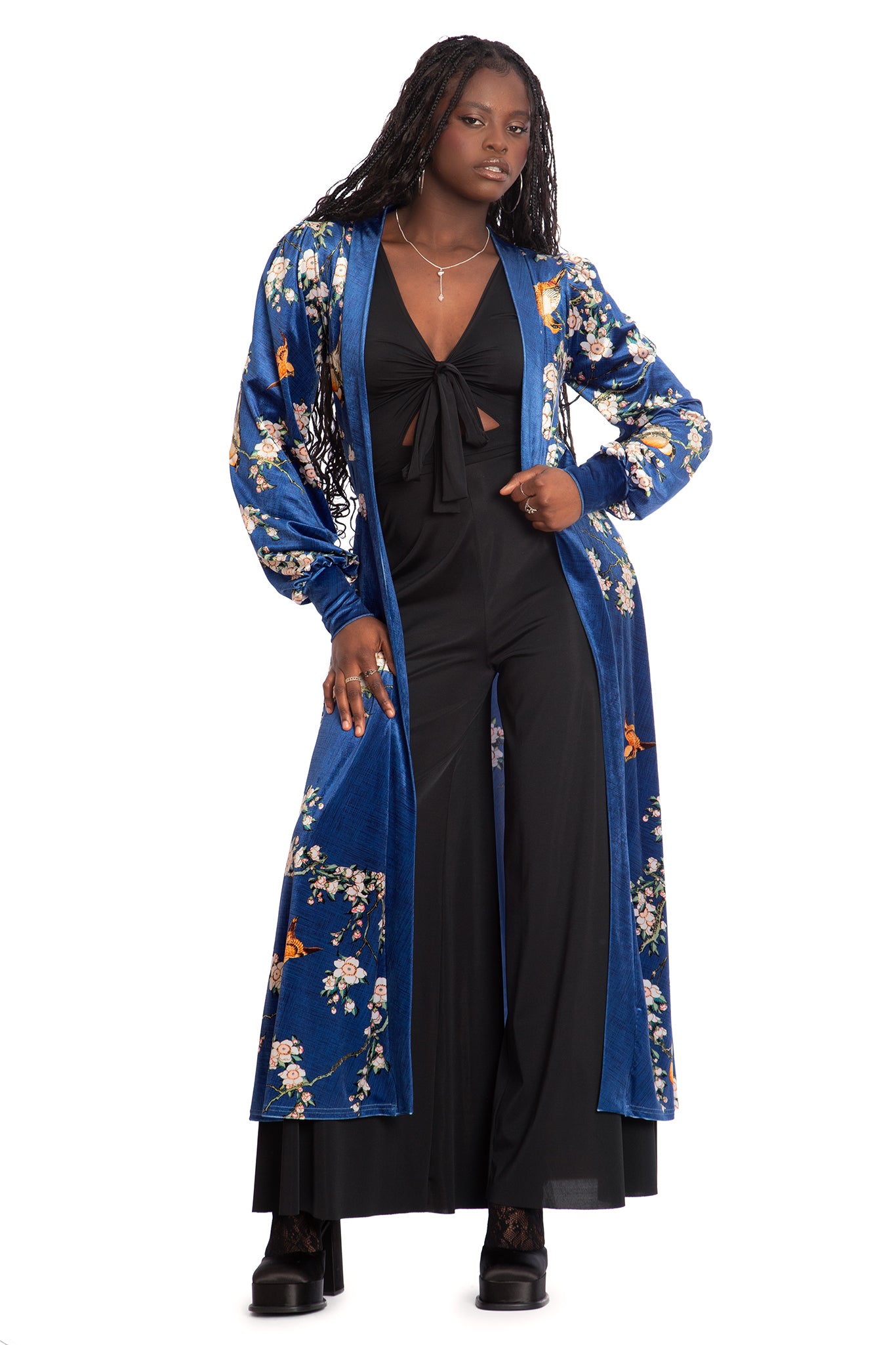 Bullfinch And Weeping Cherry Blossoms Velvet Maxi Jacket - Limited ...