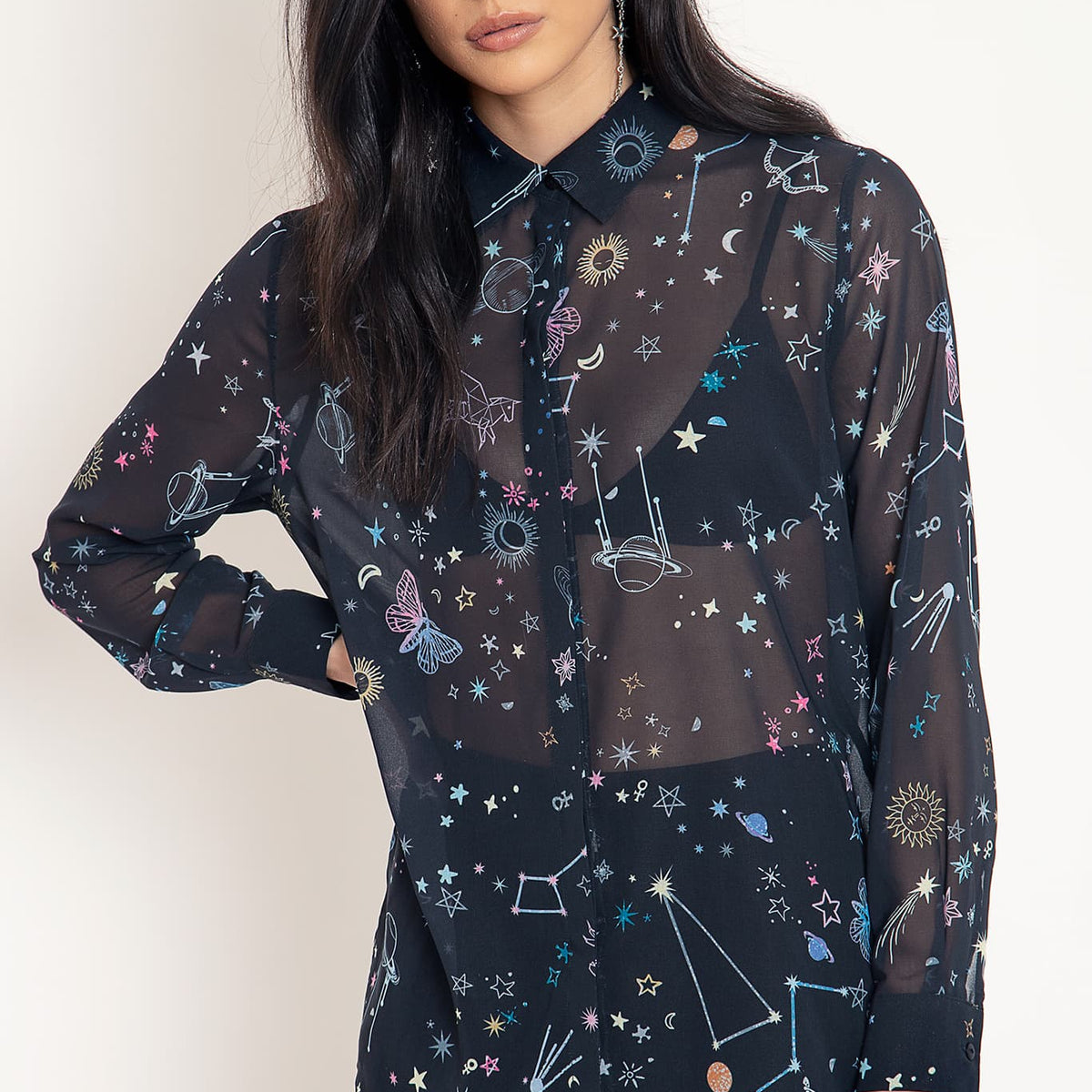Celestial Sketch Sheer Button Me Up Shirt - Limited – BlackMilk Clothing