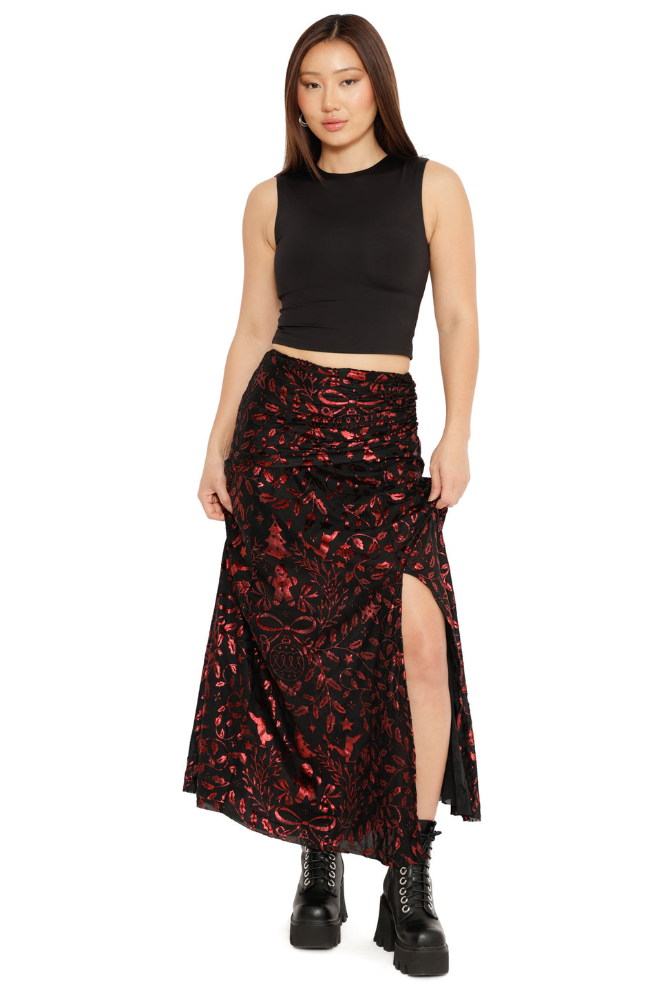 Burned Velvet Crimson Carol Split Maxi Skirt - Limited – BlackMilk Clothing