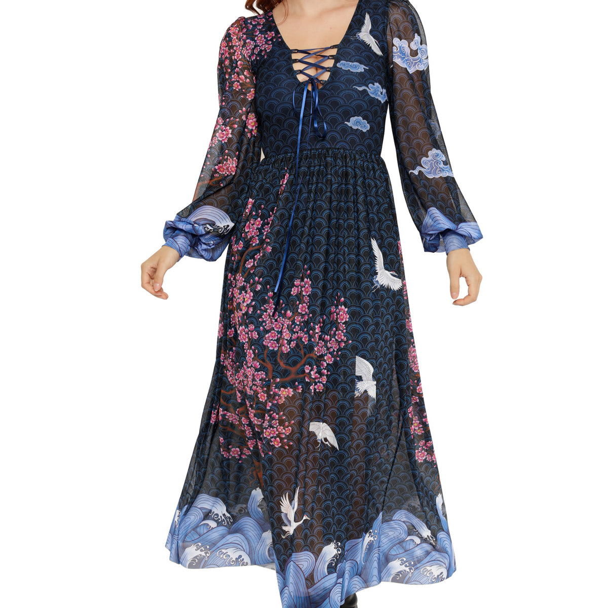 Flight of Tsuru Bishop Sleeve Maxi Dress - Limited – BlackMilk Clothing