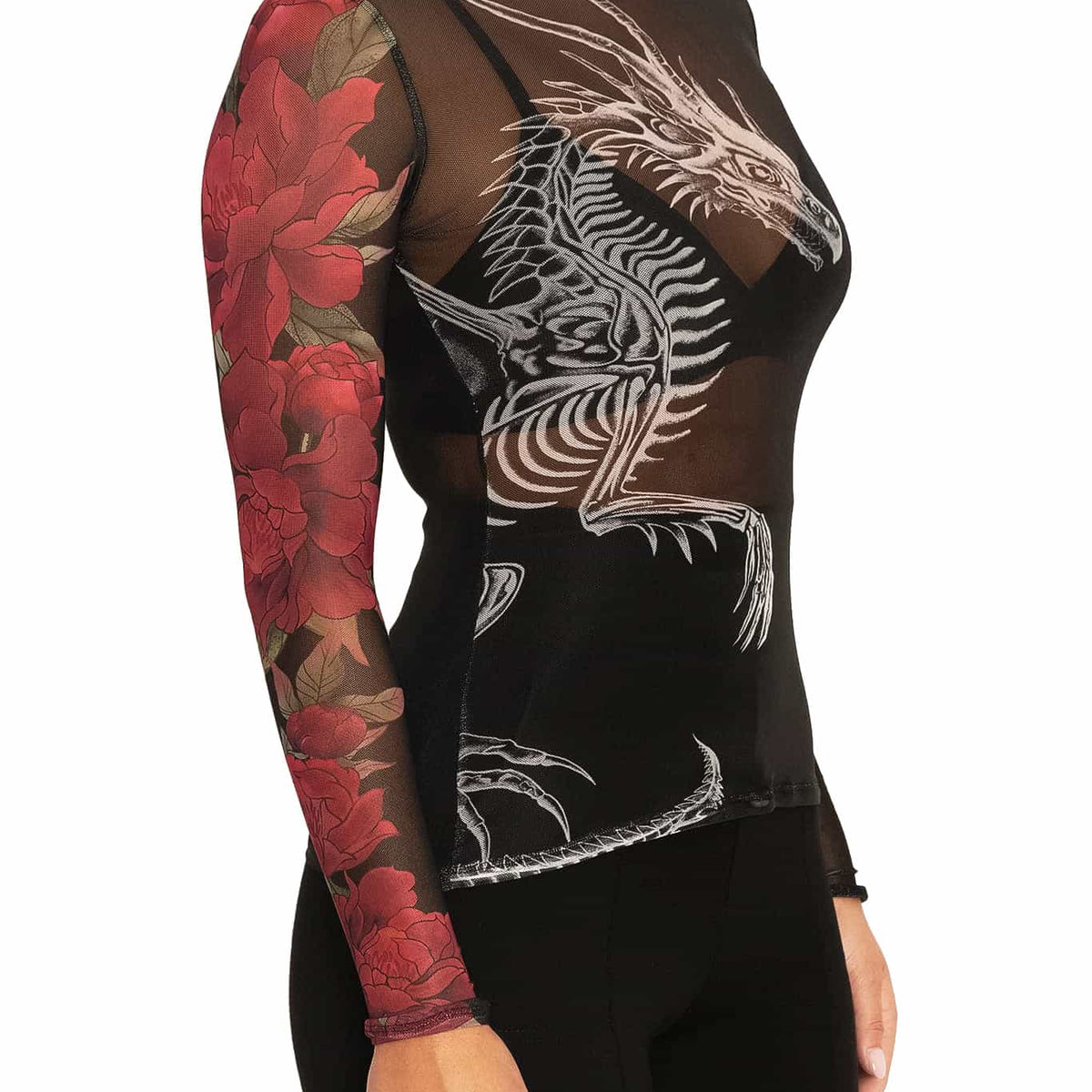 Skeletal Dragon Sheer High Neck Long Sleeve Top - Limited – BlackMilk ...