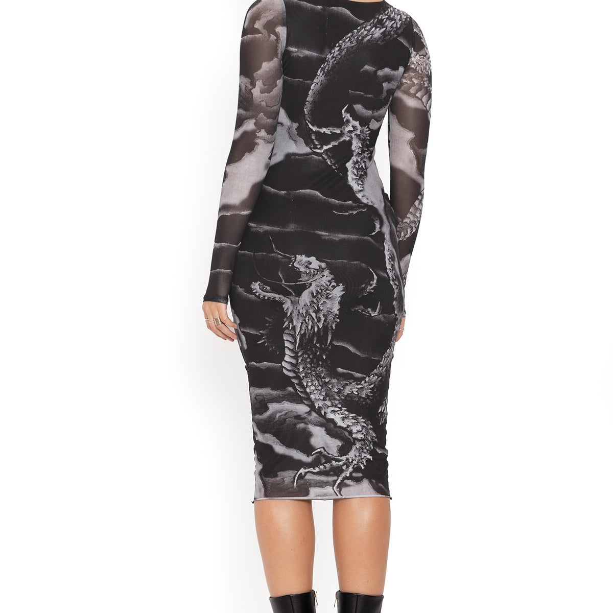 Ascending Dragon Descending Dragon Sheer Long Sleeve Bodycon Midi Dres ...