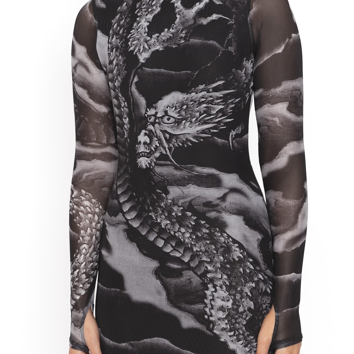 Ascending Dragon Descending Dragon Sheer Long Sleeve Bodycon Midi Dres ...